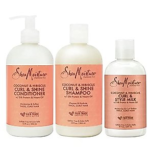SheaMoisture Moisturize and Define Shampoo, Conditioner and Styling Milk for Curly Hair Care Coconut and Hibiscus with Shea Butter and Coconut Oil