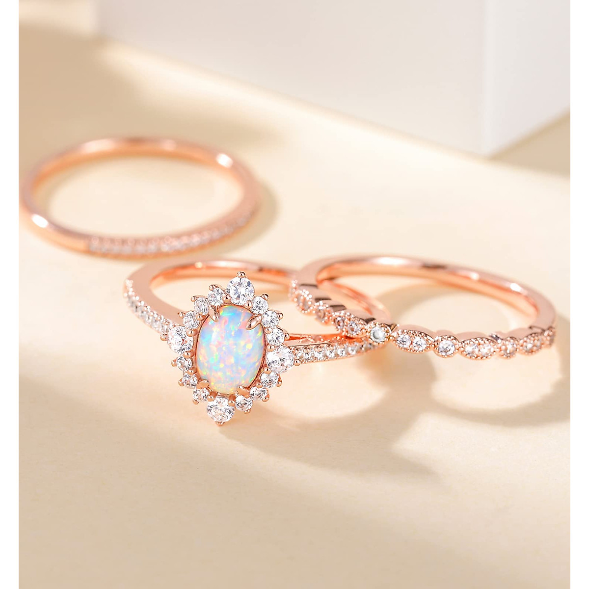 TIGRADE 1.5CT Oval Opal Bridal Ring Sets 3Pcs Rose Gold Stackable Rings Cubic Zirconia Engagement Halo CZ Wedding Band for Women Size 3-12, Size 9
