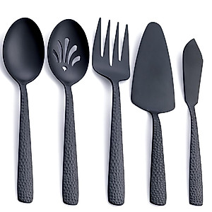 Matte Black Large Serving Utensil Set, FULLYWARE Stainless Steel Large Hostess Serving Set, include Serving Spoon, Slotted Serving Spoon, Serving Fork, Pie Server and Butter Knife, 5-piece
