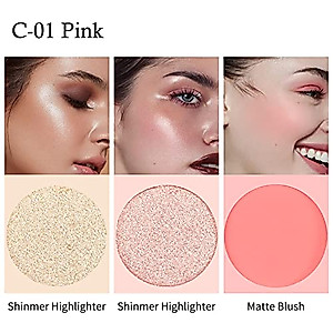 Boobeen Blush and Highlighter Kit, 3 in 1 Makeup Pressed Powder Palette Shimmer Bronzer, Orange&Pink Matte Blusher Blendable Glow Face Palette for a Redness and Glowing Look