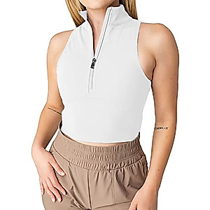 LASLULU Womens Crop Tops Half Zip Up Sleeveless Yoga Tops Compression Summer Athletic Shirts Sports Bra Seamless Workout Gym Pullover Going Out Tops(White Large)