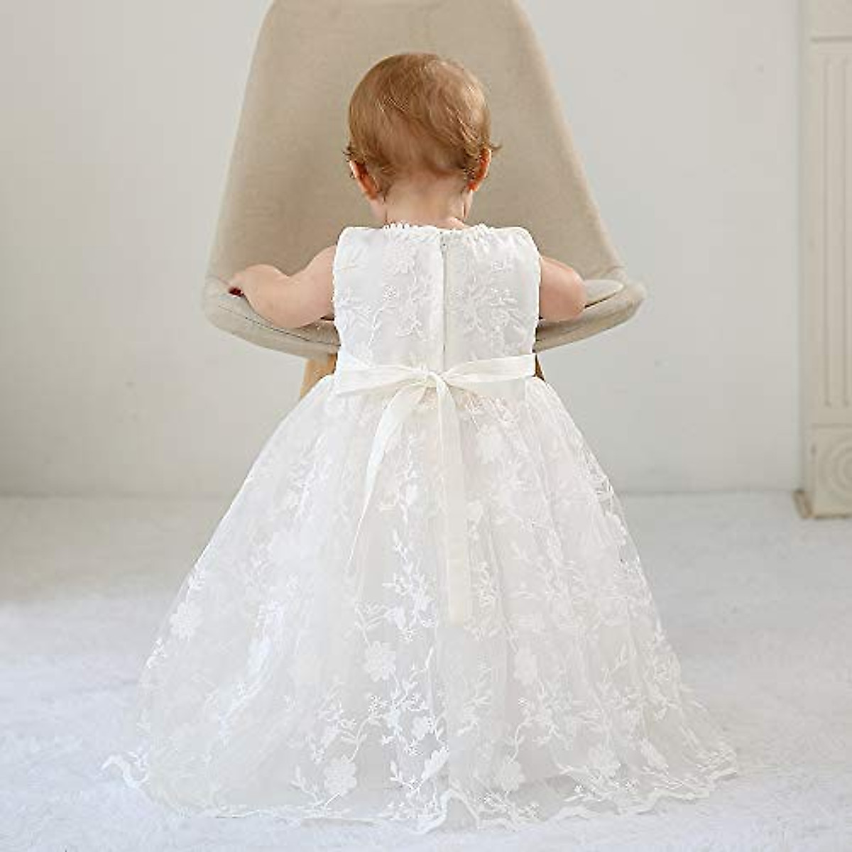 CareCheer Sleeveless Ivory Long Baby Girl Christening Baptism Dress Flower Girl Dedication Blessing Gown (6-12 Months)