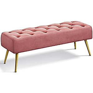 Yaheetech Modern Ottoman Bench Velvet Bench Upholstered Footrest for Living Room with Gold Metal Legs and Padded Seat Pink