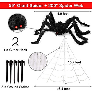 Halloween Giant Spider Decorations, 200" Spider Web Outdoor Halloween Decorations + 59" Giant Fake Spider for Indoor Home Costumes Party Haunted House Garden Ghost Halloween Yard Decor