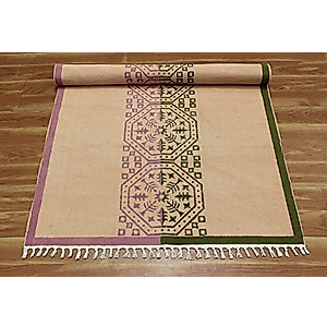 Casavani Indian Handmade Cotton Dhurrie Striped Green & Pink Area Rug Boho Kilim Flat Weave Rug Indoor Hall Room Decor Carpet Throw Rugs for Bedroom Living Room Bathroom Balcony 9x9 Feet Square