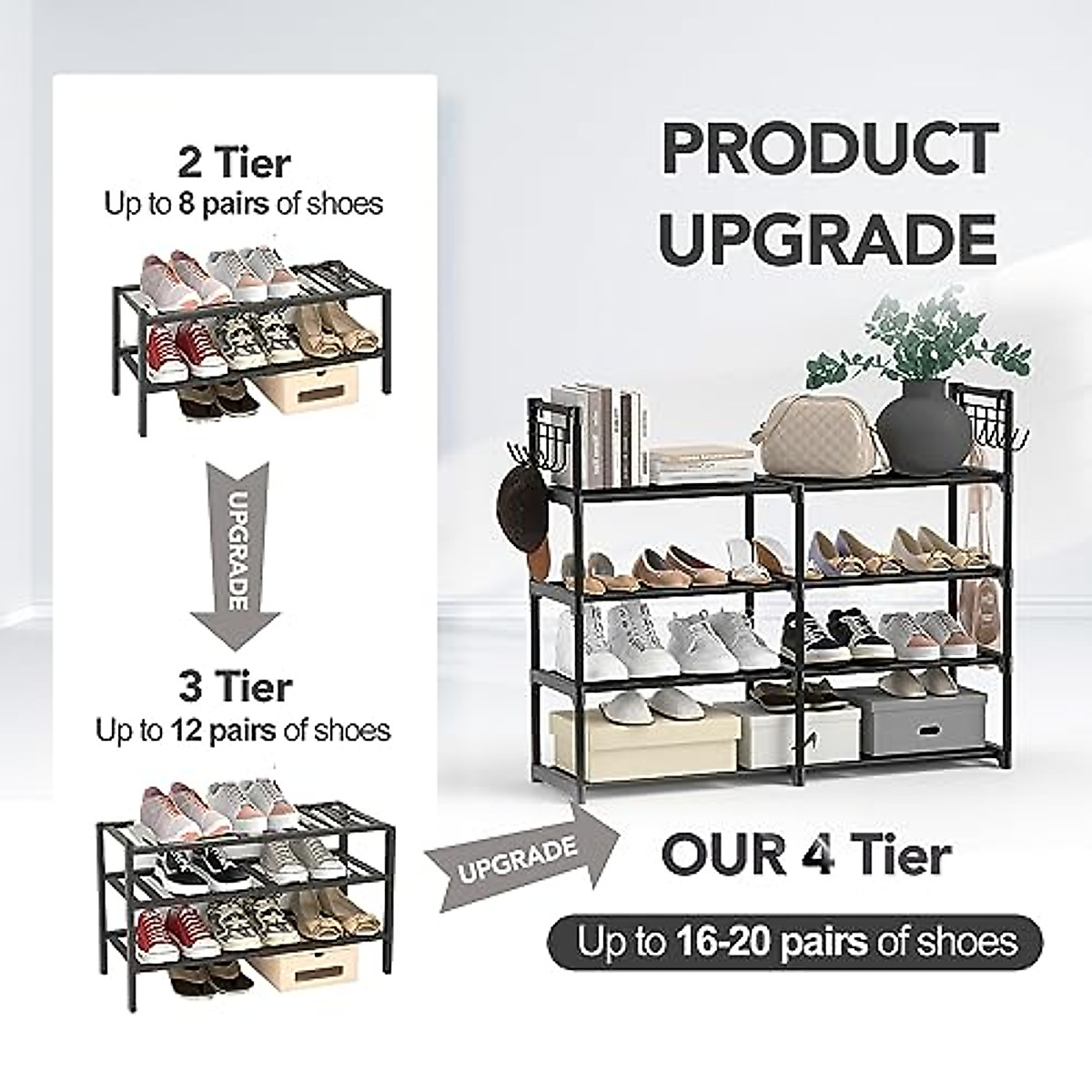 MOCINE 4-Tier Shoe Rack, Black Metal Shoe Racks, Stackable Shoe Shelf with Multifunctional Hooks, Hold 20 Pairs, Space saving shoe rack, Shoes rack for closet,