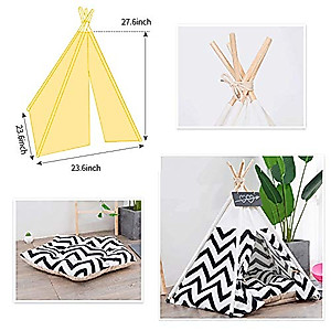 Pet Teepee Tent for Dogs Puppy Cat Bed White Canvas Dog Cute House Pet Teepee with Cushion 24inch Indoor Outdoor (White&Black)