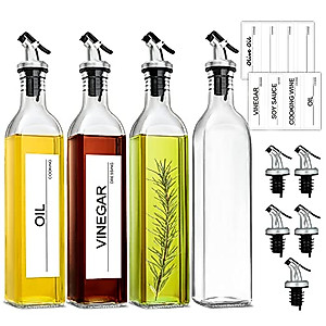GMISUN Olive Oil Dispenser Bottle, Oil Dispenser Bottle for Kitchen, Cooking Oil and Vinegar Dispenser Set 4Pack, Glass Oil Container Cruet-Oil Pourer Spout, Funnel and Labels, Clear for Oil, Vinegar
