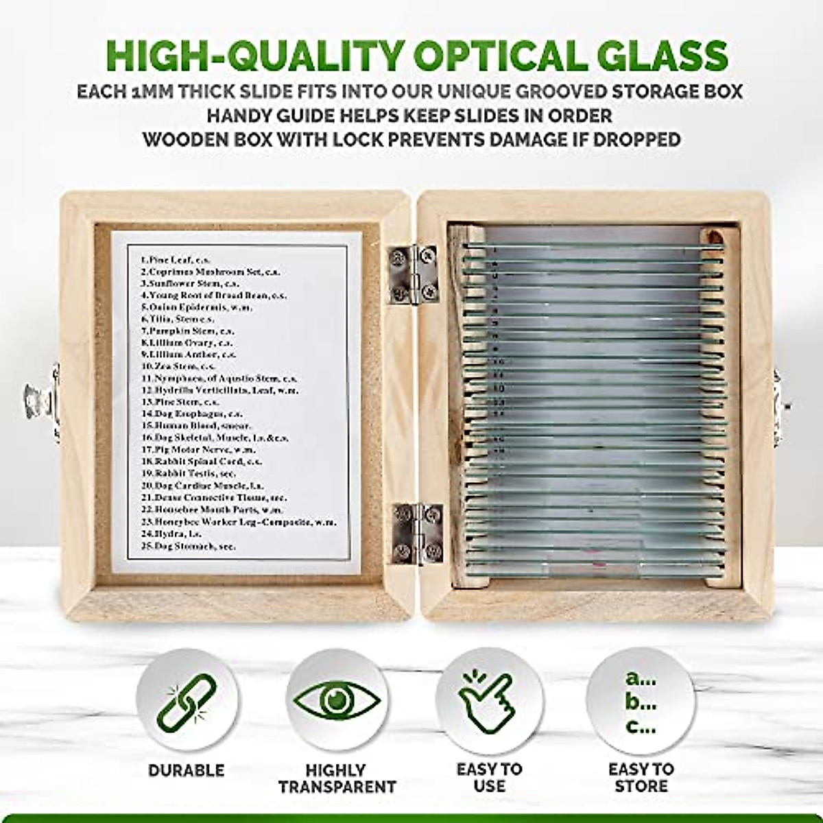 AmScope PS25 Prepared Microscope Slide Set for Basic Biological Science Education, 25 Slides, Includes Fitted Wooden Case Brown
