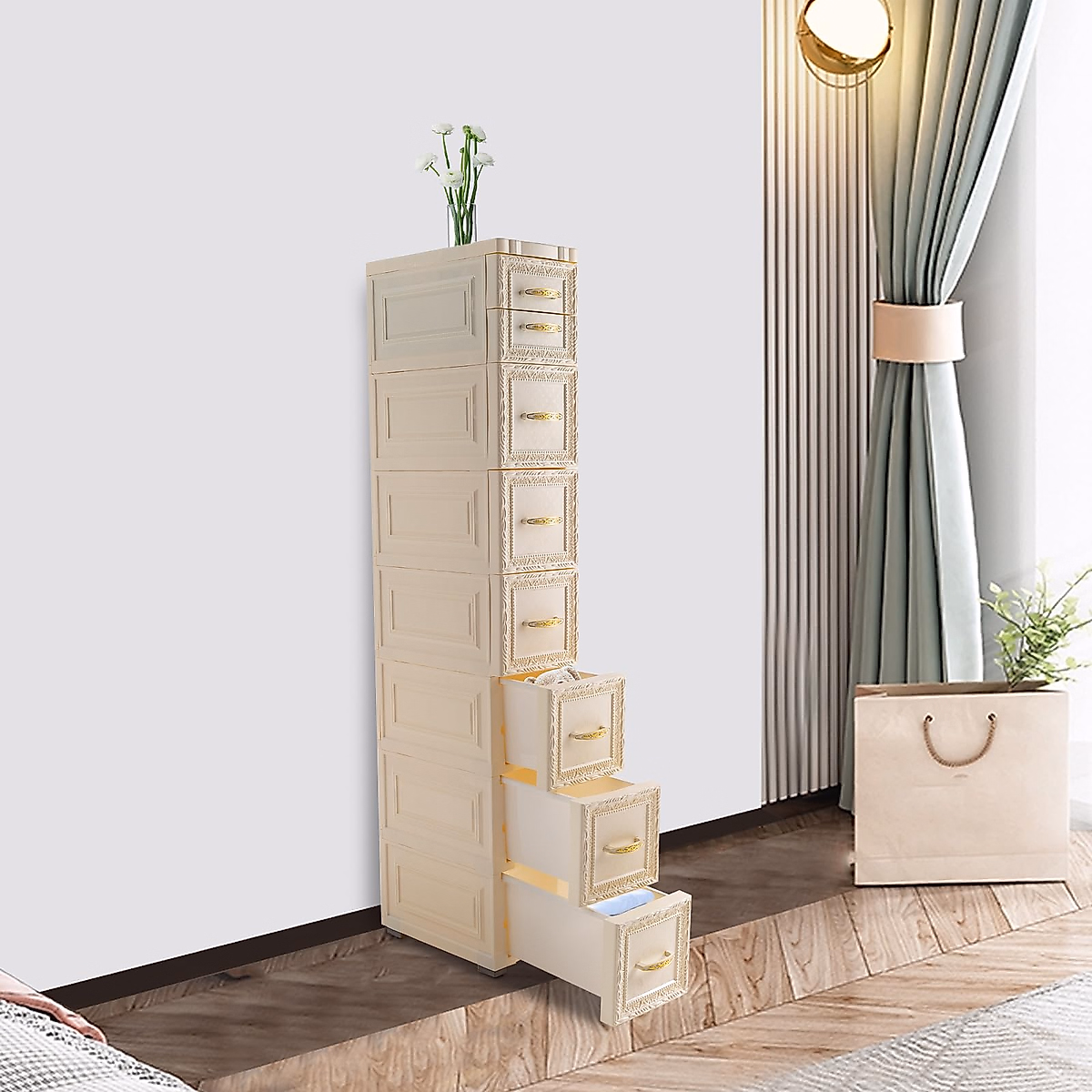 CNCEST 7 Tier Bathroom Floor Cabinet, Vertical Storage Unit with Drawers and Casters, Large Capacity Narrow Tall Slim Storage Tower, Waterproof Toilet Paper Storage Cabinet for Small Spaces Gaps