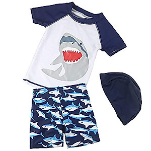 Baby Boys Two Piece Swimsuits Rash Guard Short Sleeve Shark Bathing Suit Swimwear Sets with Hat UPF 50+ for Kids (White Shark, 6-7 Years)