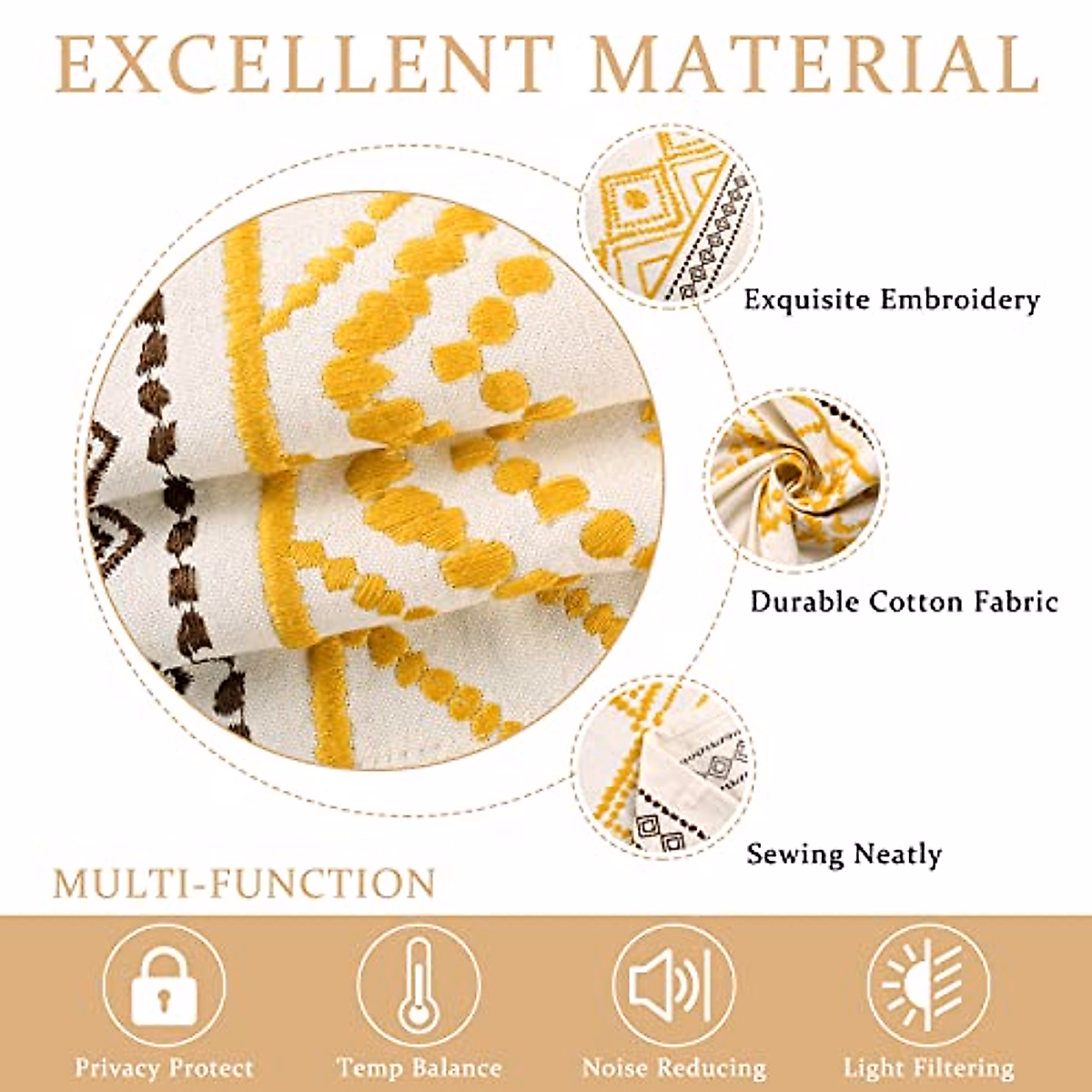 ColorBird Embroidery Diamond Semi-Blackout Window Curtains 2 Panels Boho Cotton Linen Darkening Curtains Rod Pocket Window Drapes for Living Room Bedroom (52" W x 63" L, Yellow)