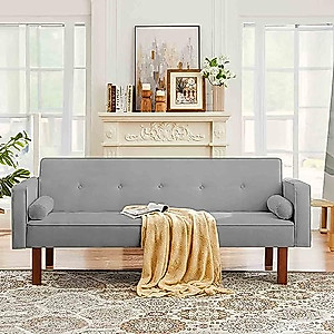 RIDFY 75” Modern Folding Futon Sofa Bed, Convertible Sleeper Couch with Wood Legs/Armrests/Pillows, Upholstered Loveseat for Small Space, Memory Foam Living Seat for Apartment/Office (Gray)