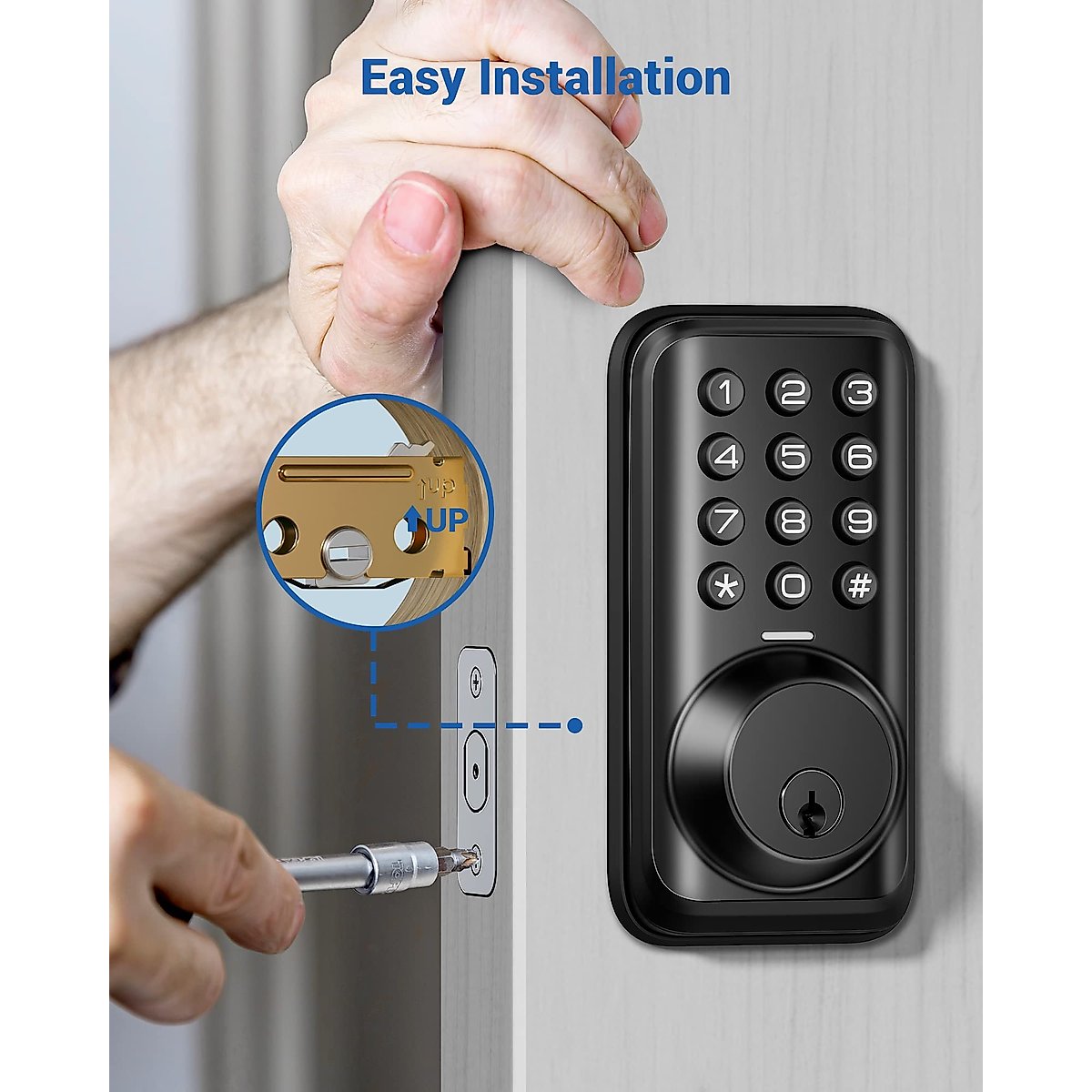 Veise Keyless Entry Door Lock, Electronic Keypad Deadbolt Lock, Auto Lock, 1 Touch Locking & 20 User Codes, Anti-Peeking Password, Easy Installation Design - Matte Black
