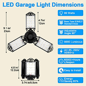 Kofarrten LED Garage Lights, 80W LED Garage Lights, Super Bright 8000LM 6500K Deformable LED Garage Ceiling Lights Shop Lights for Garage, Workshop, Basement，Warehouse (1Pack)