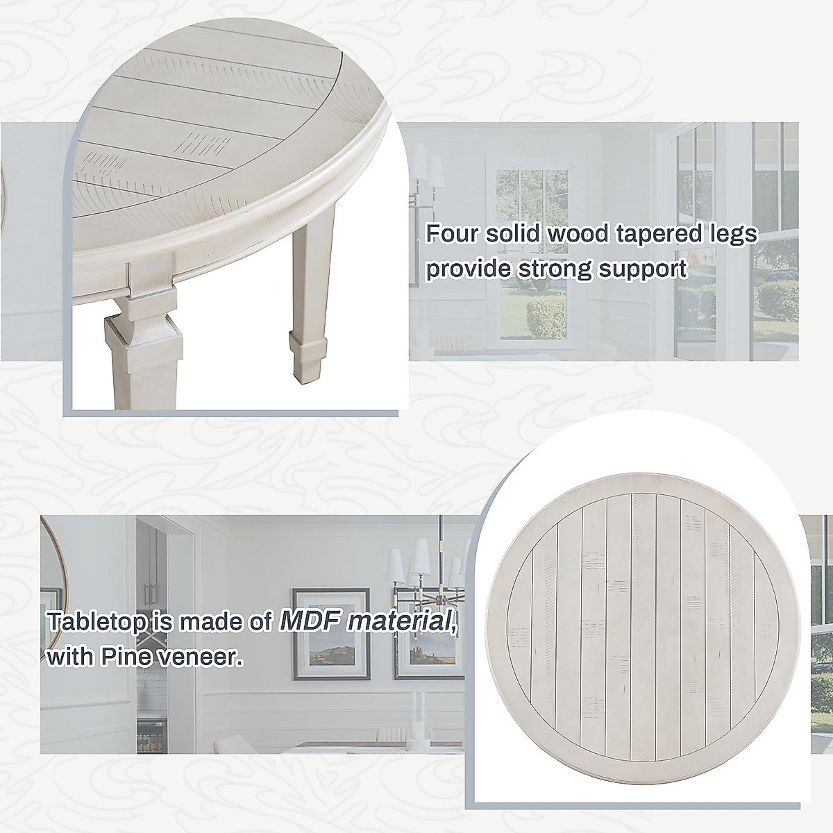 FIQHOME 5 Pieces, Round Solid Wood Legs and 4 Striped Fabric Upholstered Chairs, Set for 4, Dining Table for Small Spaces, Apartment,White