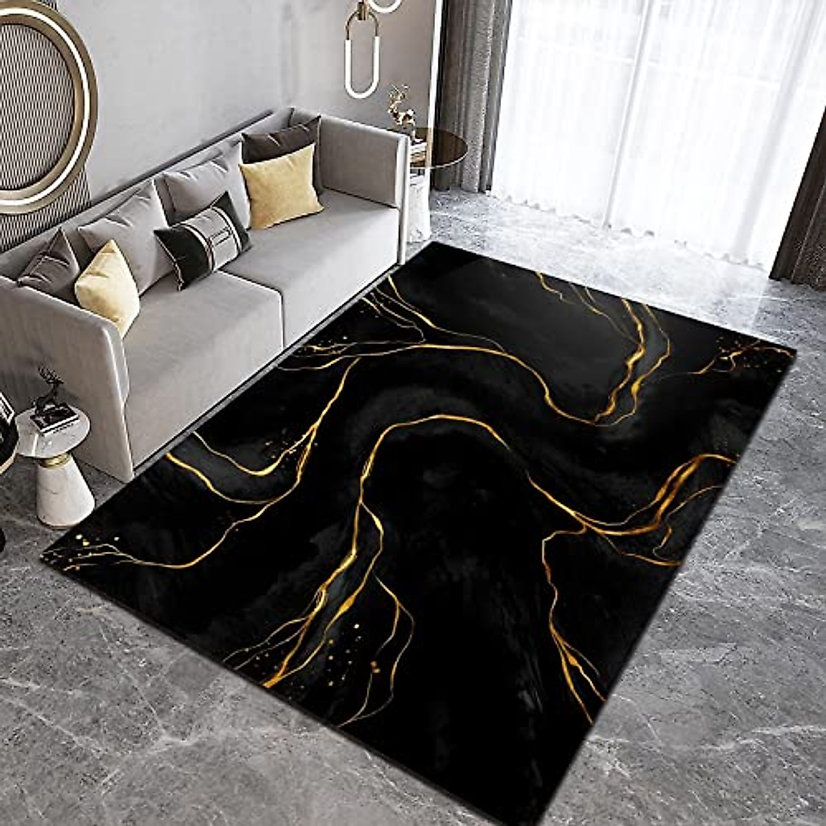 Black and Gold Marble Lines Kids Rug, Abstract Luxury Indoor Non-Slip Area Rugs, Machine Washable Breathable Durable Carpet for Front Porch Entryway Decor Doormats 5' by 7'