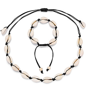 Starain 2Pcs Shell Necklace Anklet for Women Handmade Adjustable Puka Beach Shell Necklace Set