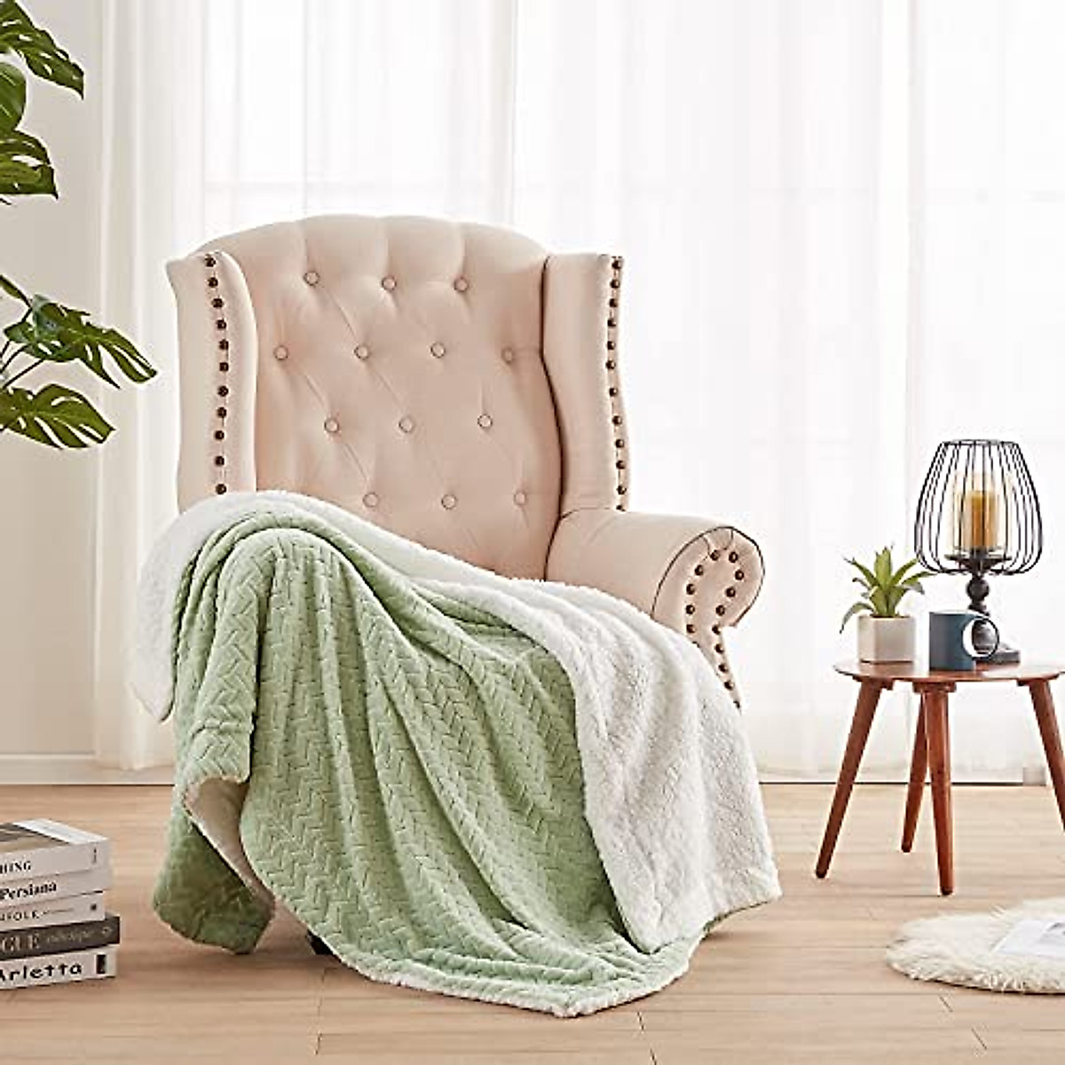 SunStyle Home Sherpa Fleece Blanket Full Sage Green Soft Cozy Plush Fluffy Flannel Thick Blanket Leaf Jacquard Luxury Winter Warm Reversible Blankets for Couch, Sofa, Bed 60X80