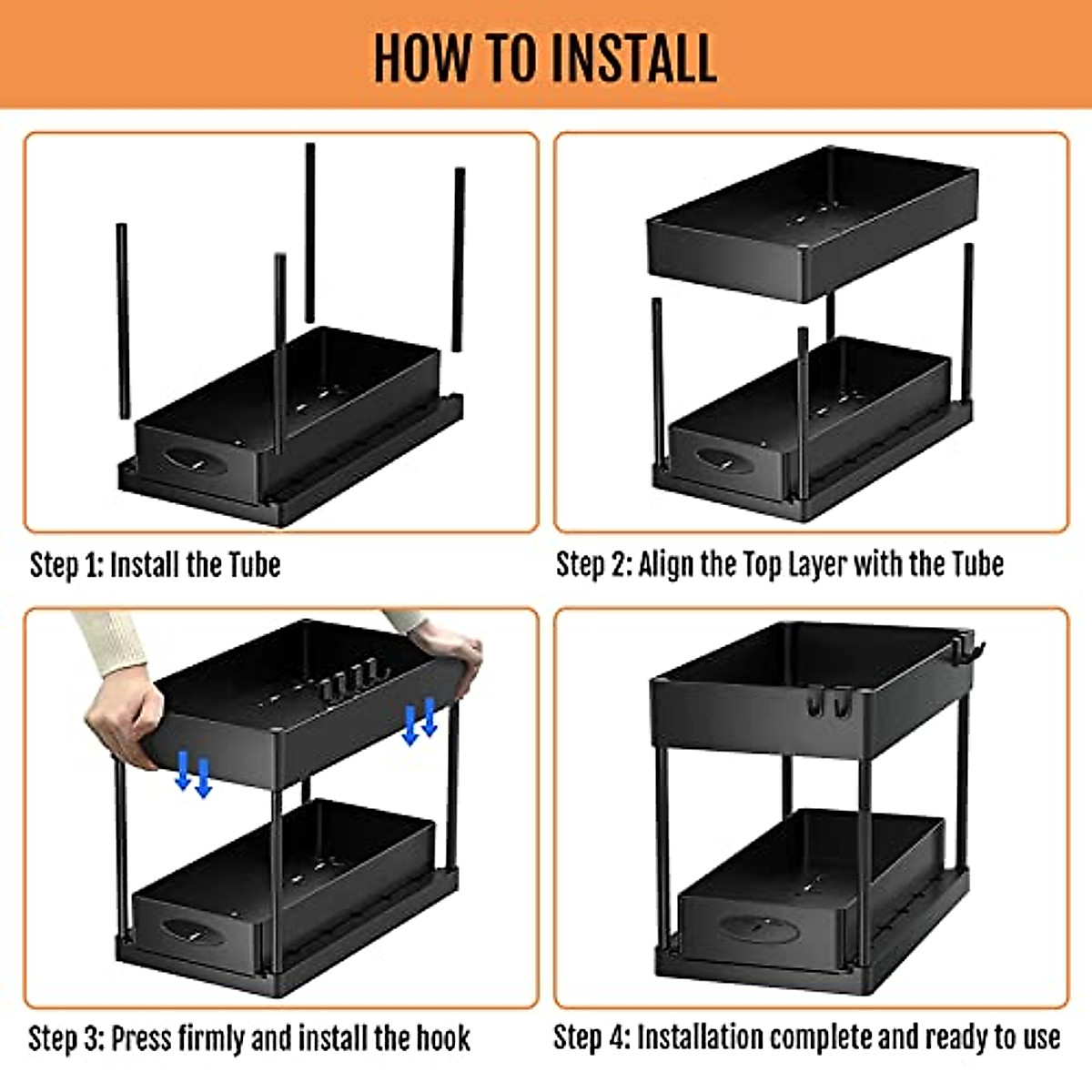 Multi-purpose Under Sink Shelf Organizer - 2-Tier Sliding Storage Drawer Basket Hollow Design Storage Organizer with Hooks,Support Tubes,Antil-slip pads,Suitable for Kitchen Bathroom (Single pull)