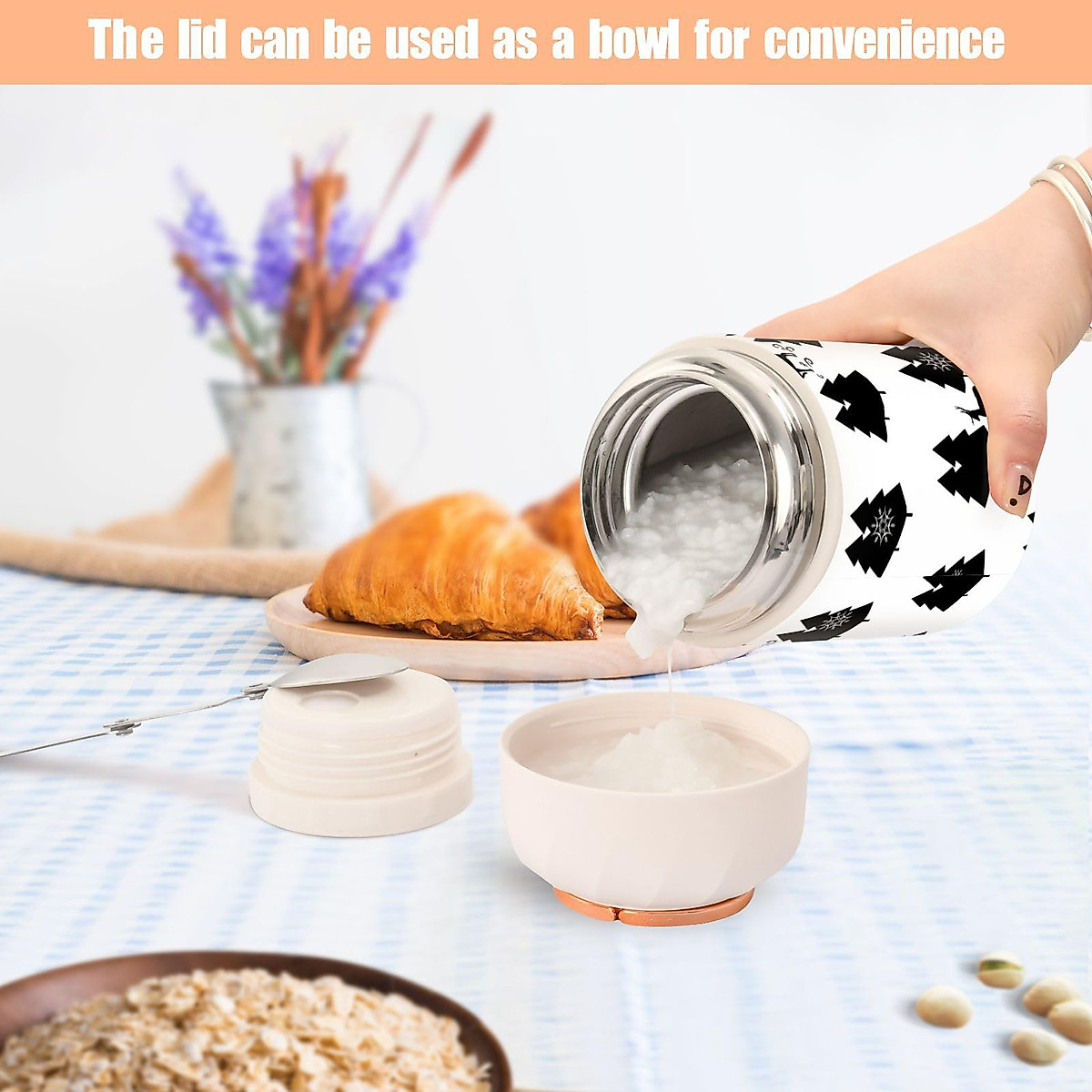 JUNZAN Black Christmas Tree Deer Kids Womens Insulated Food Jar Containers with Spoon 17oz/500ml Containers To Keep Food Hot Stainless Steel Vacuum Food Warmer Thermo Container for Hot/Cold Food