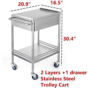 YIYIBYUS Stainless Steel Cart 2 Layer Medical Dental Laboratory Rolling Cart Mobile Equipment Serving Carts with Silent Wheel Trolley Cart
