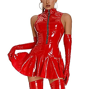 FEESHOW Women Sexy Leather Bodycon Mini Dress Gothic Bandage Party Dress Vintage Latex Dress 6# Red Large