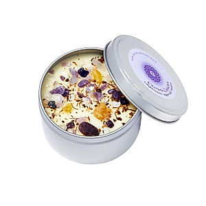 Crown Chakra Candle by New Moon Beginnings - Chakra Candles - Dried Flower, Herb, & Crystal Candles - Aromatherapy Candles - Soy Candle - 8oz Tin