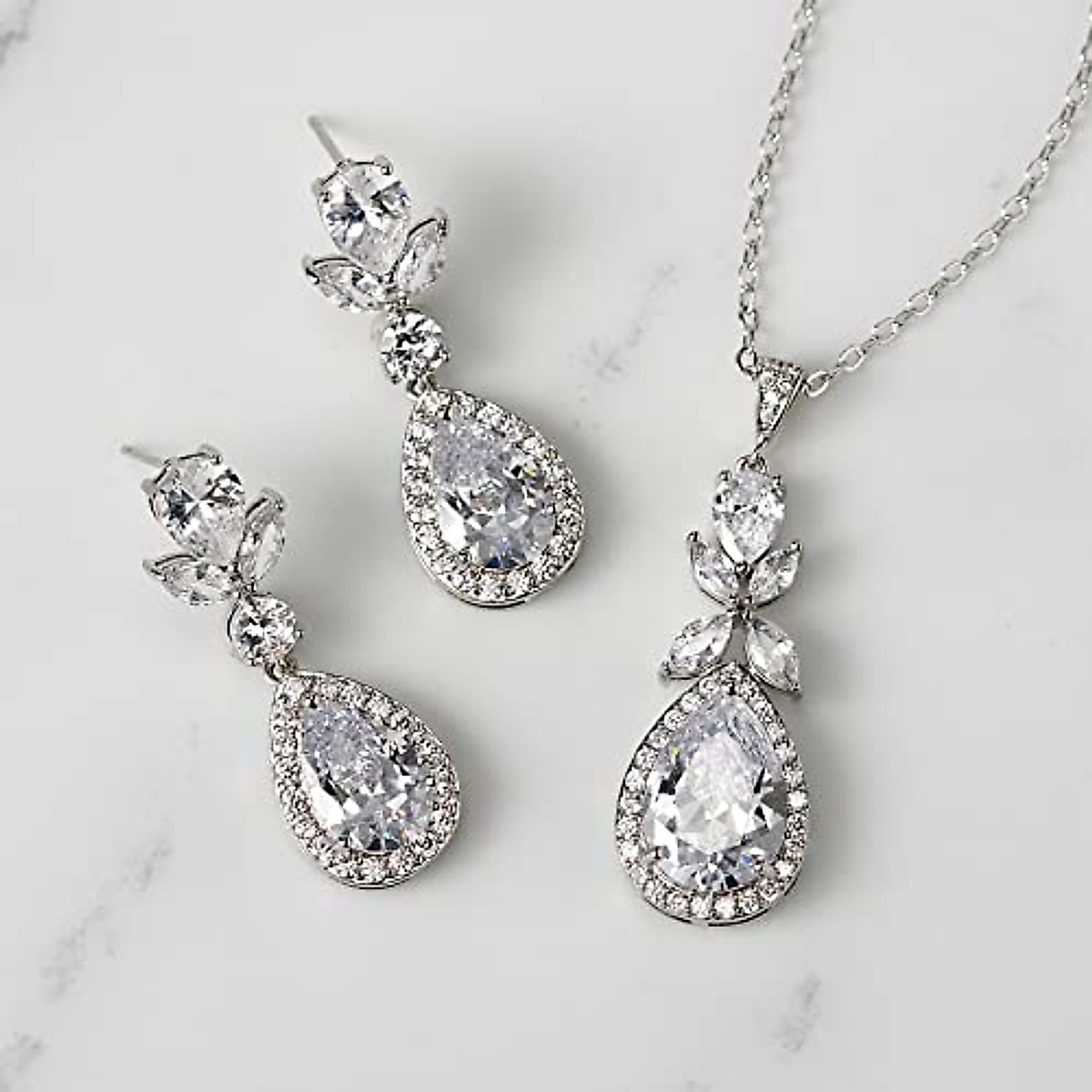 SWEETV Wedding Jewelry for Bride, Silver Teardrop Cubic Zirconia Necklace Earrings Set, Bridal Jewerly Set for Wedding Porm