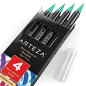 ARTEZA Real Brush Pens, A171 Turquoise, Pack of 4, Watercolor Pens with Nylon Brush Tips, Art Supplies for Dry-Brush Painting, Sketching, Coloring & Calligraphy