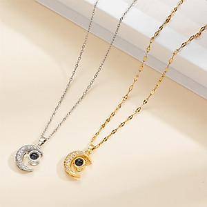 TRWWELL I Love You Necklace 100 Languages Projection Silver Half Moon Pendant Necklace for Women Wedding Birthday Anniversary Jewelry Gift