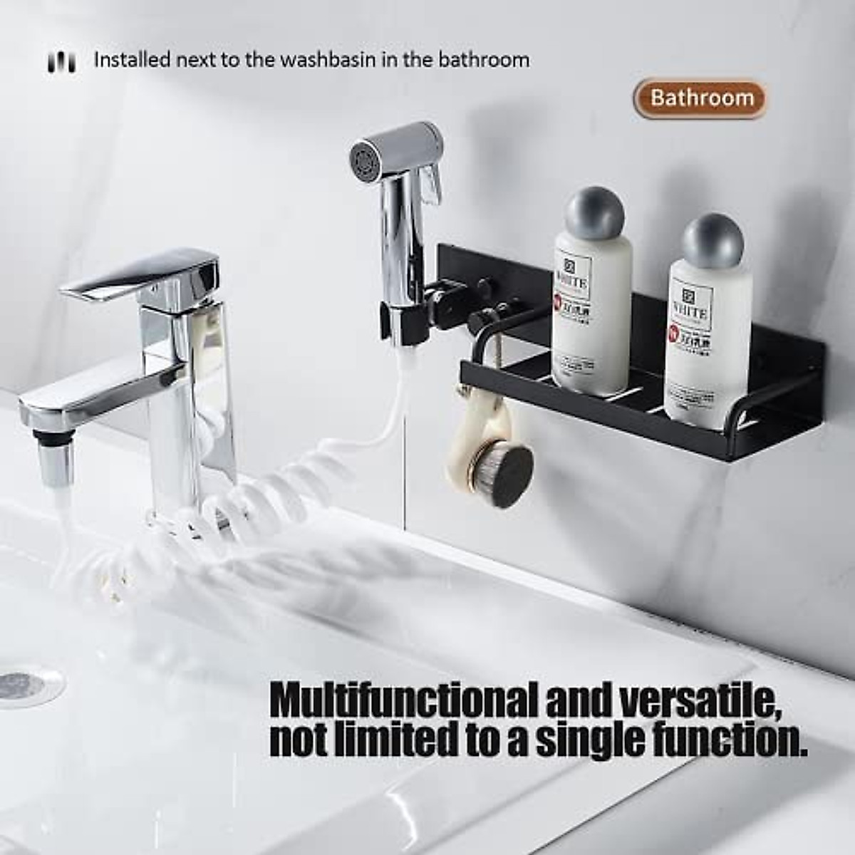 LUYU Three-in-one Adjustable Shower Arm Mount with shelf and hook Bidet Sprayer Arm Mount for Toilet, Handheld Sprayer Arm Mount Dual installation methods -adhesive and drilling