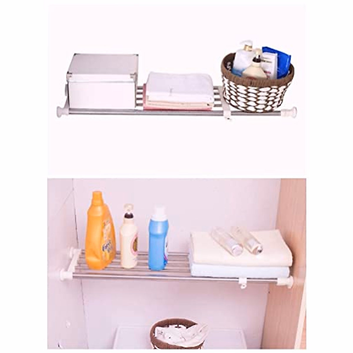 BAOYOUNI Expandable Closet Tension Shelf Rod Organizer Adjustable Storage Rack Heavy Duty Clothes Hanger Metal Space Saving Divider for Bathroom Kitchen Cupboard Wardrobe Bookshelf 32''-46'', Ivory