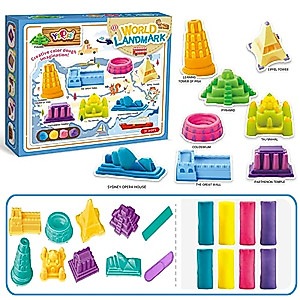 Yiqis Dough and Play Sand & Air Dry Clay Molding Toys and Tools Kits Sets for Kids Ages 4-8,18PCS, Includes 8 World Landmarks Building Molds,2 Cutter Tools,8 Dough Colors