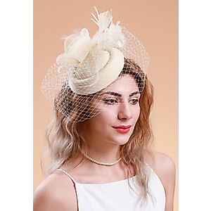 Cizoe Fascinators Hats 20s 50s Hat Pillbox Hat Cocktail FlowerTea Party Headwear with Veil for Girls and Women(Beige)