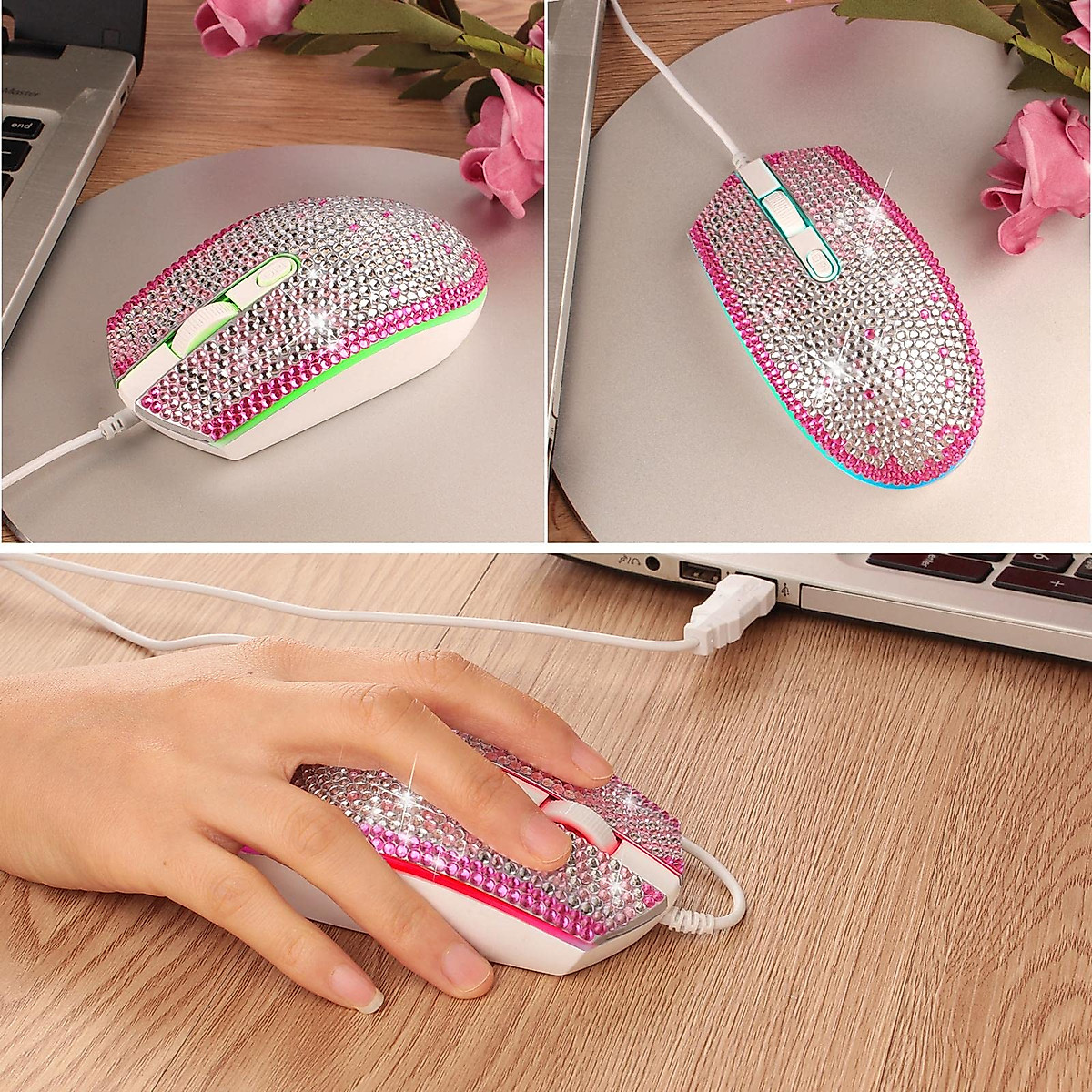 MagiDeal USB Gaming Mouse 1600DPI,Breathing LED Lights, Rhinestone Mouse Mice for PC Keyboard,for Windows Laptop Gamer