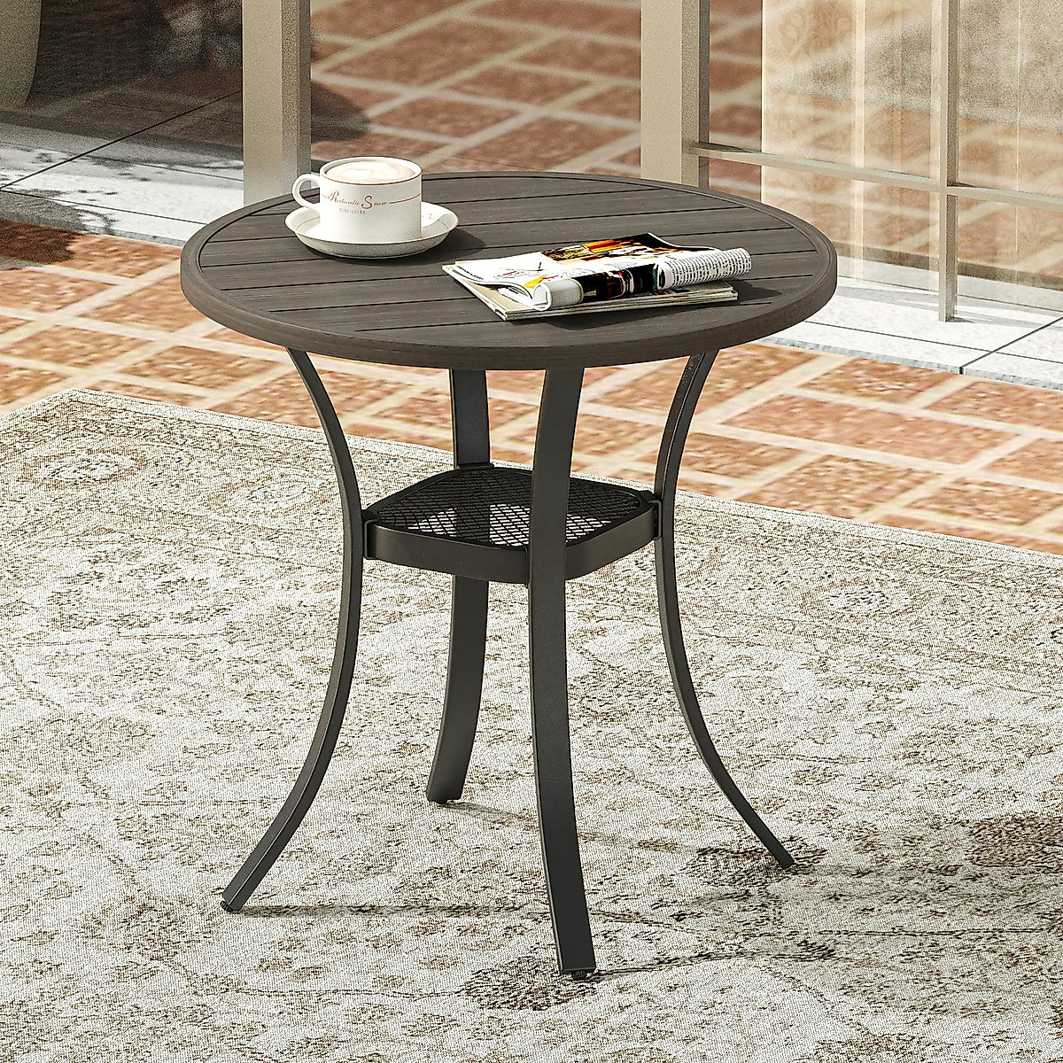 VICLLAX Patio Dining Table, Round Patio Table Metal Outdoor Bistro Table with Rack for Balcony Garden Deck, 27.6Inch Ash Grey