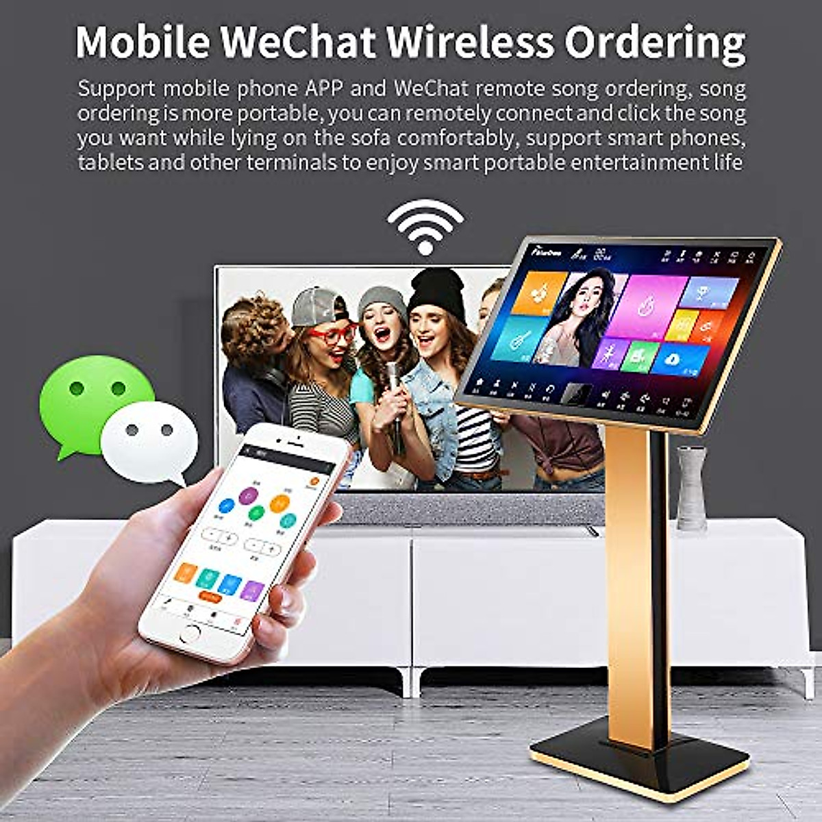 DIANXUN Karaoke Player with Wireless Microphone, 22'' Capacitive Touch Screen Intelligent Voice Keying Machine Real-time Score, Professional Karaoke System fit for KTV Bar Home Party