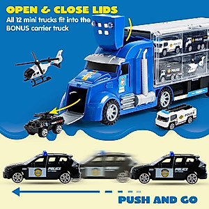 JOYIN 25 in 1 Police Rescue Truck Car Toy Set with Sounds and Lights, Mini Police Vehicles in Carrier Truck, Play Police Patrol Rescue Vehicle Toy, Birthday Gifts for Over 3 Years Old Boys
