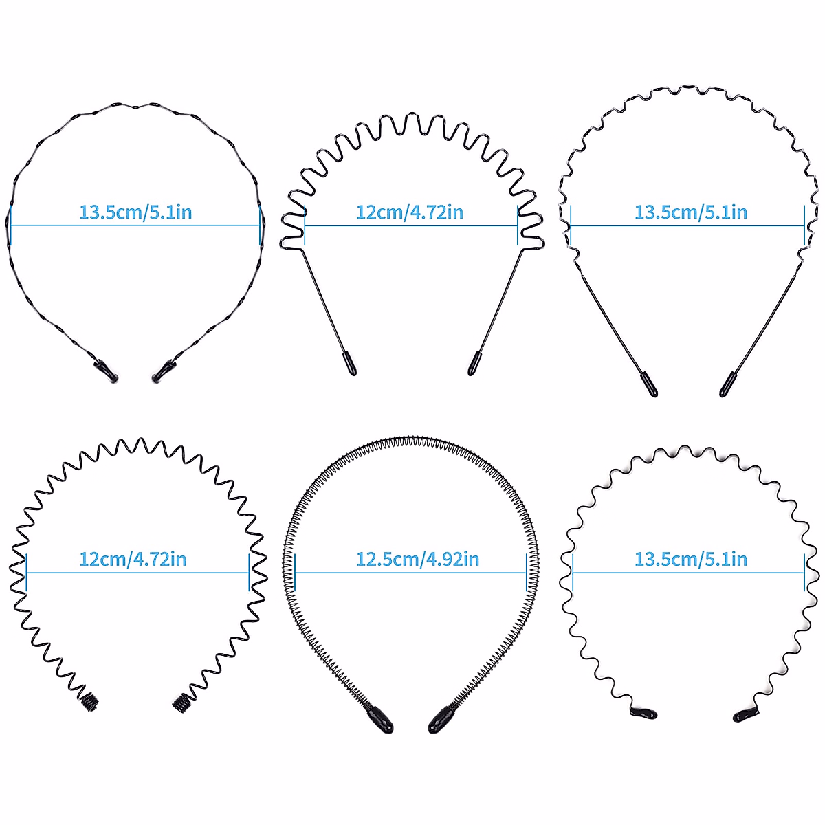 CAMKONG 6PCS Metal headbands for Men Headbands Women Wavy Hairband Spring Hair Hoop Sports Fashion Hair Bands Unisex Black Elastic Non Slip Simple Headwear Accessories