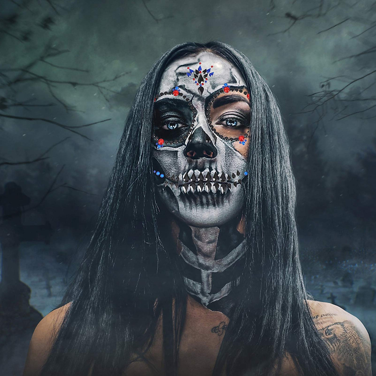 Lurrose Day of the Dead Skull Face Gems Jewels Tattoos, 4Pcs Rhinestone Halloween Jewels Tattoo Stickers for Halloween Festival Rave Party