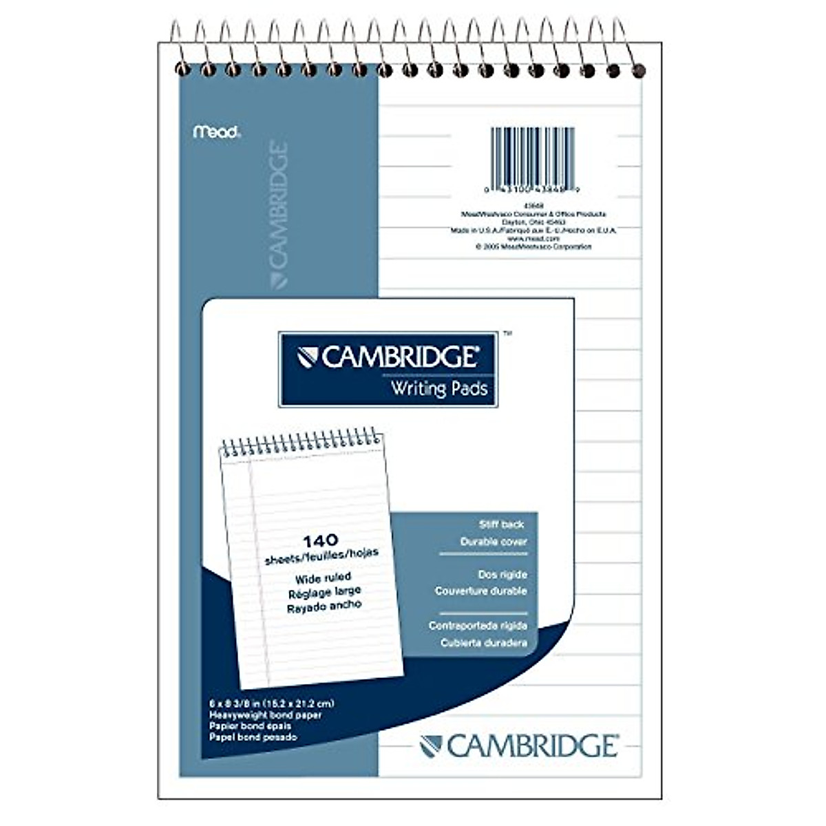 Mead Cambridge Wide Ruled Stiff Back Durable Cover Writing Pads, 6 x 8 3/8 in, 140 Sheets (6 Pack)