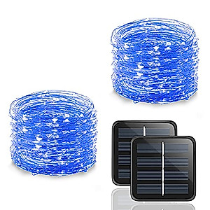 UPOOK Solar String Lights, Copper Wire Solar Fairy Lights 100LED 33Ft 8 Modes, Waterproof Outdoor String Lights, Blue Decorative Lights for Christmas Party Wedding and Patio Garden Yard, 2 Pack