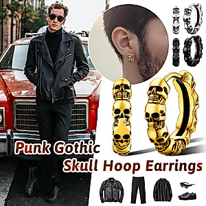 Black Skull Hoops Mens Huggie Circle Hoop Earrings for Man Gothic Punk Jewelry for Rapper Reggae Statement Ear Charms