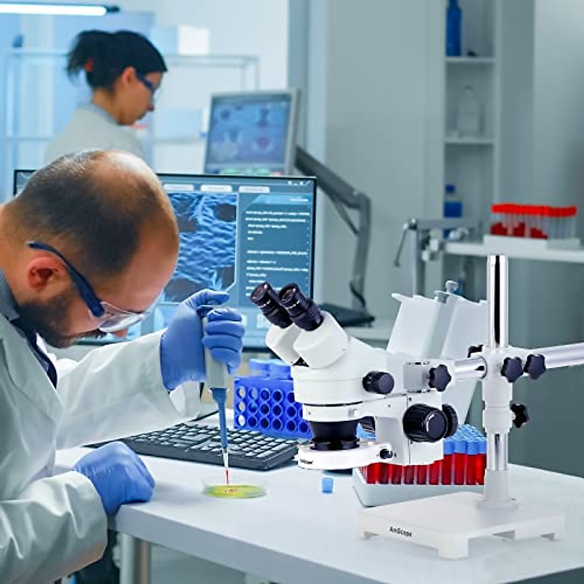 AmScope SM-3BZ-80S Binocular Stereo Microscope, WF10x Eyepieces, 3.5X-90X Magnification, 0.7X-4.5X Objective Power, 0.5X and 2.0X Barlow Lenses, 80-Bulb Ring-Style LED Light Source, Single-Arm Boom Stand, 110V