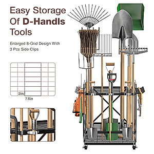 Lineware Garden Tool Organizer For Garage Garden Tool Storage with Wheels Garden Tool Rack Stand Garden Tool Holder Yard Tool Storage for Outdoor Shed Garage Garden Black