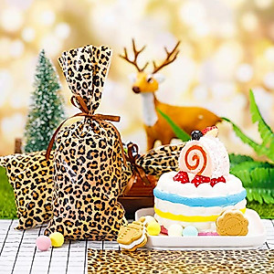 100 Pieces Leopard Print Treat Bags Leopard Candy Bags Easy to Seal Animal Print Cellophane Cookie Bags with 1 Roll Brown Fabric Ribbon for Zoo or Jungle Party Supplies