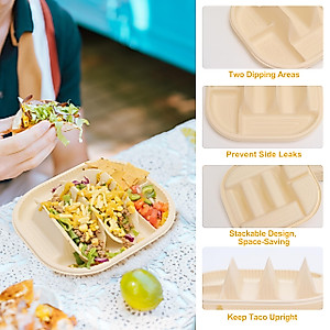 LUVCOSY 50 Pcs Small Disposable Taco Plates for Party, Cornstarch Taco Holders with 2 Dipping Areas, Hold for 2 Tacos, Square Fiesta Taco Trays for Taco Night, Microwave Safe