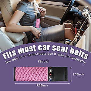 Ziciner 2PCS Leather Seat Belt Cover, Sparkling Rhinestone Seat Belt Covers for Women, Soft Harness Pads Strap Helps Protect Your Neck & Shoulder, Auto Interior Accessories for Adult Kid (Pink)