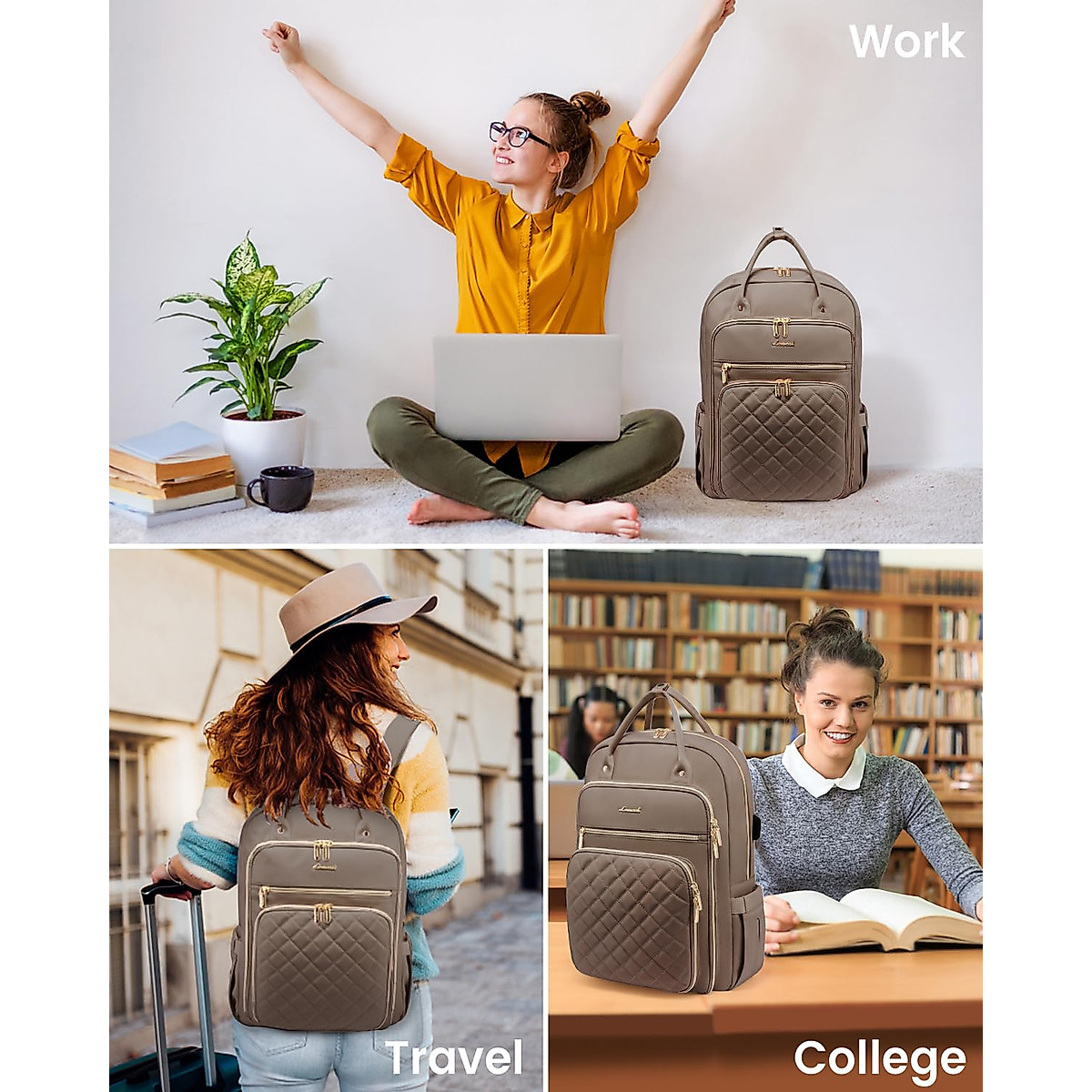 LOVEVOOK Women's 27-Liter Laptop Backpack, Brown, 16.9 x 12 x 7.9 in